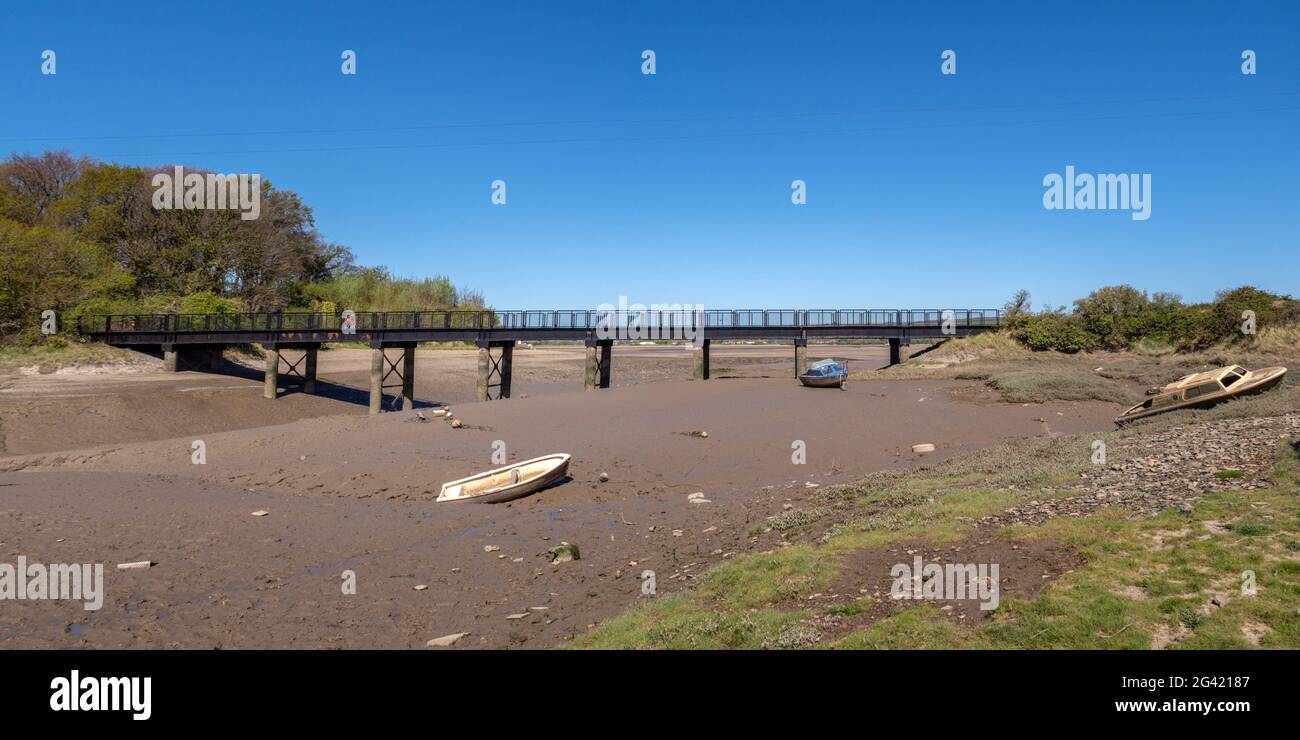 FREMINGTON QUAY, NORTH DEVON, ENGLAND- APRIL 25 2021: Pedestrian bridge ...