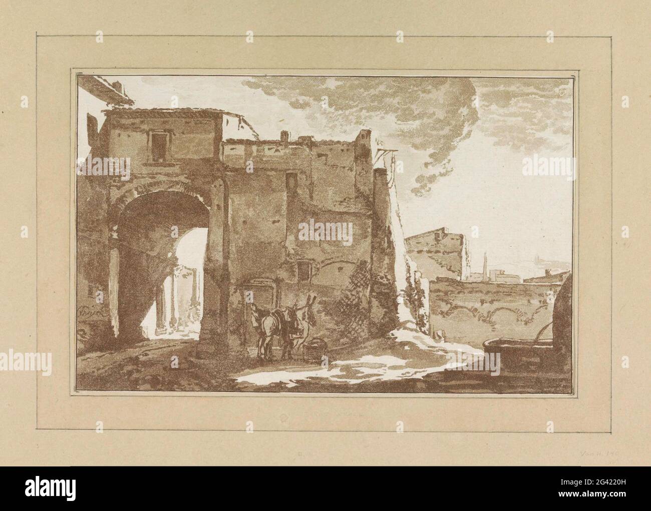 Gate with traveler and mule. A man and a mule are at a gate. Right a ...