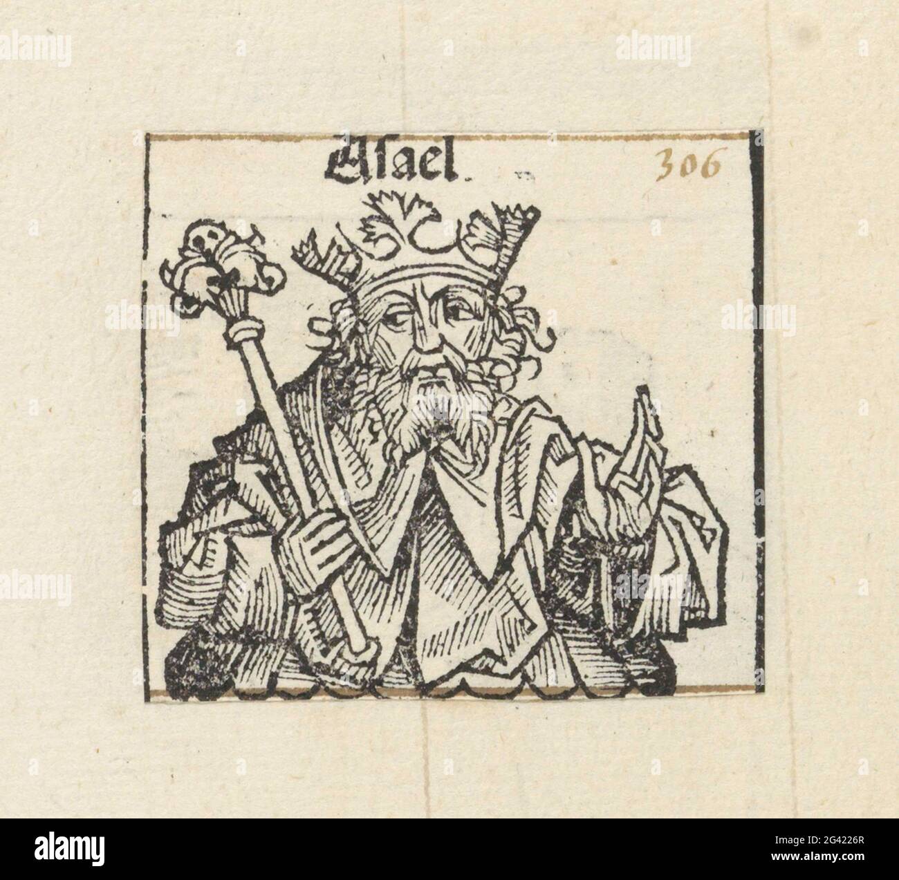 King Hazaël; Asael; Liber chronicarum. A flower celk with a king turned ...