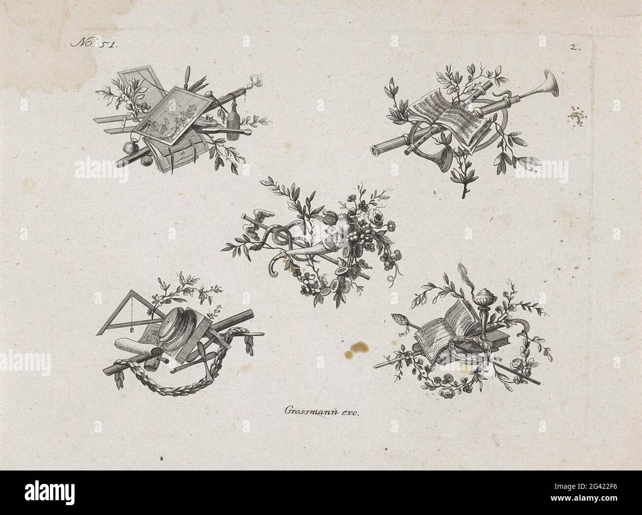 Trophies. Five trophies with attributes of arts and sciences. Left ...