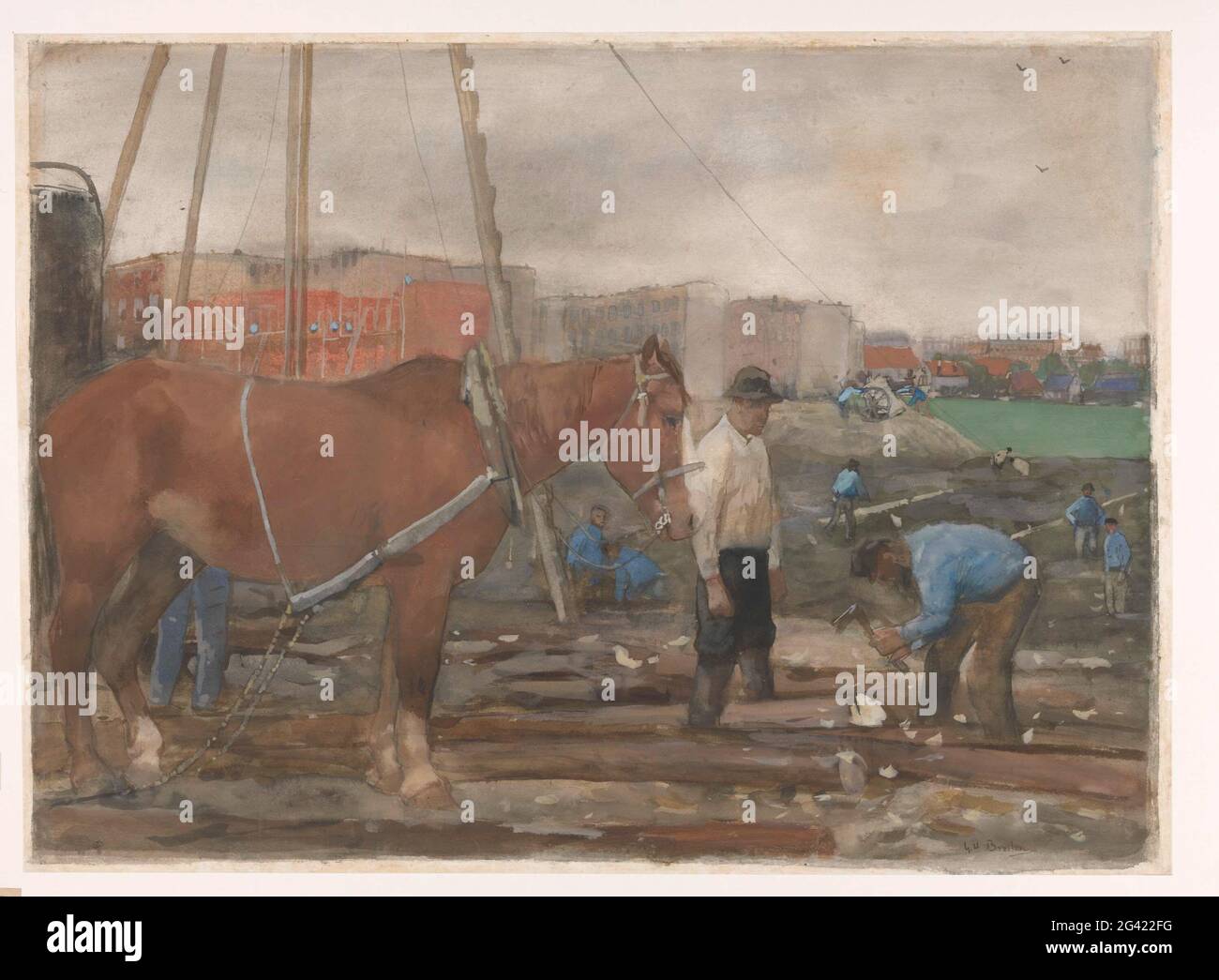 Oud-West building site in Amsterdam. Building site, a horse and workers ...