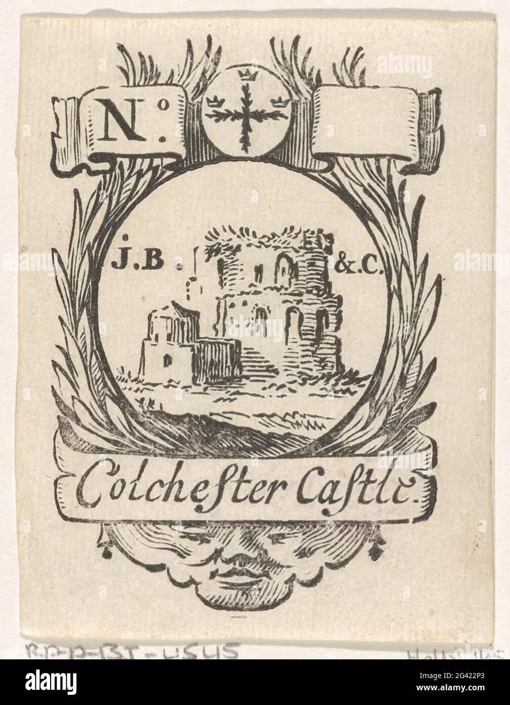 Vignette from John Brunick & Company. Colchester Castle in a laurel ...