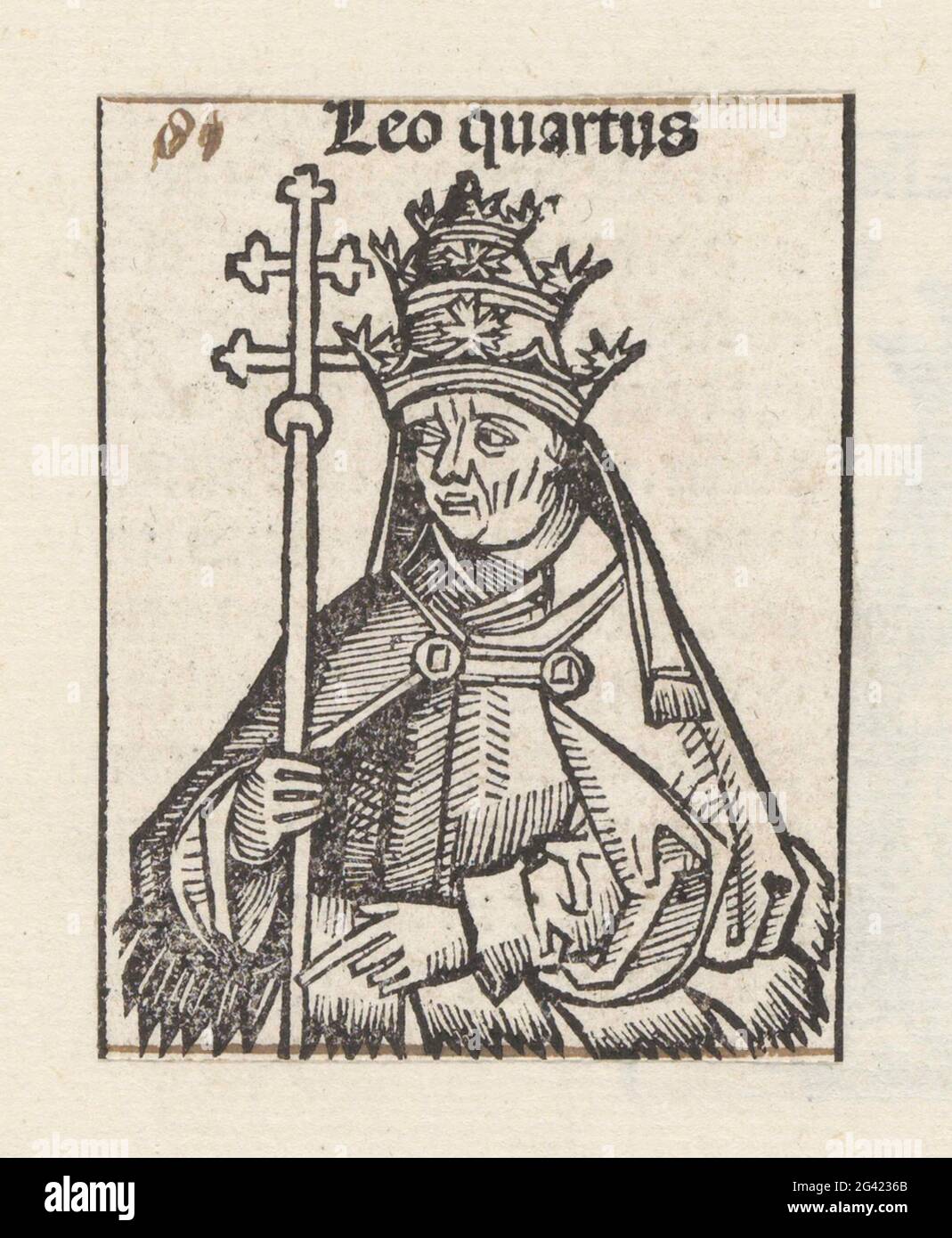 Pope Leo IV; Leo Quartus; Liber chronicarum. A flower celk with a pope ...