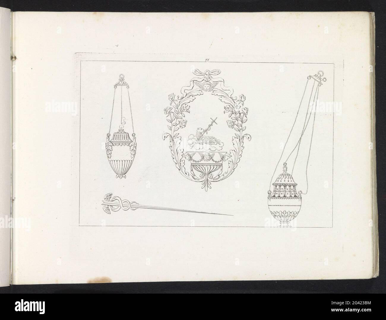 Two incense vessels, a caduceus and a holywater bin; Designs for ...