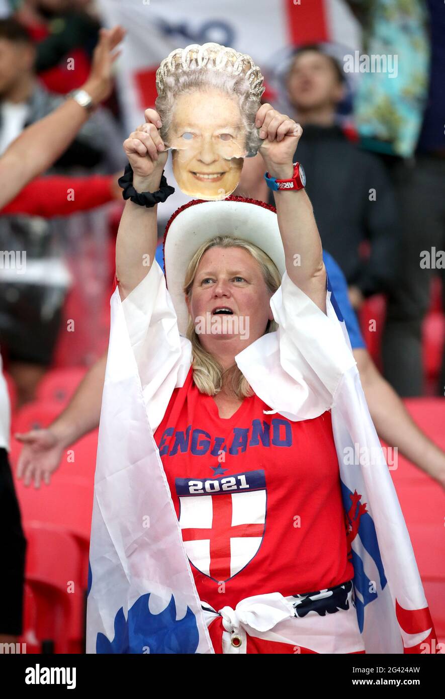 An England fan shows her support in the stands during the UEFA Euro ...