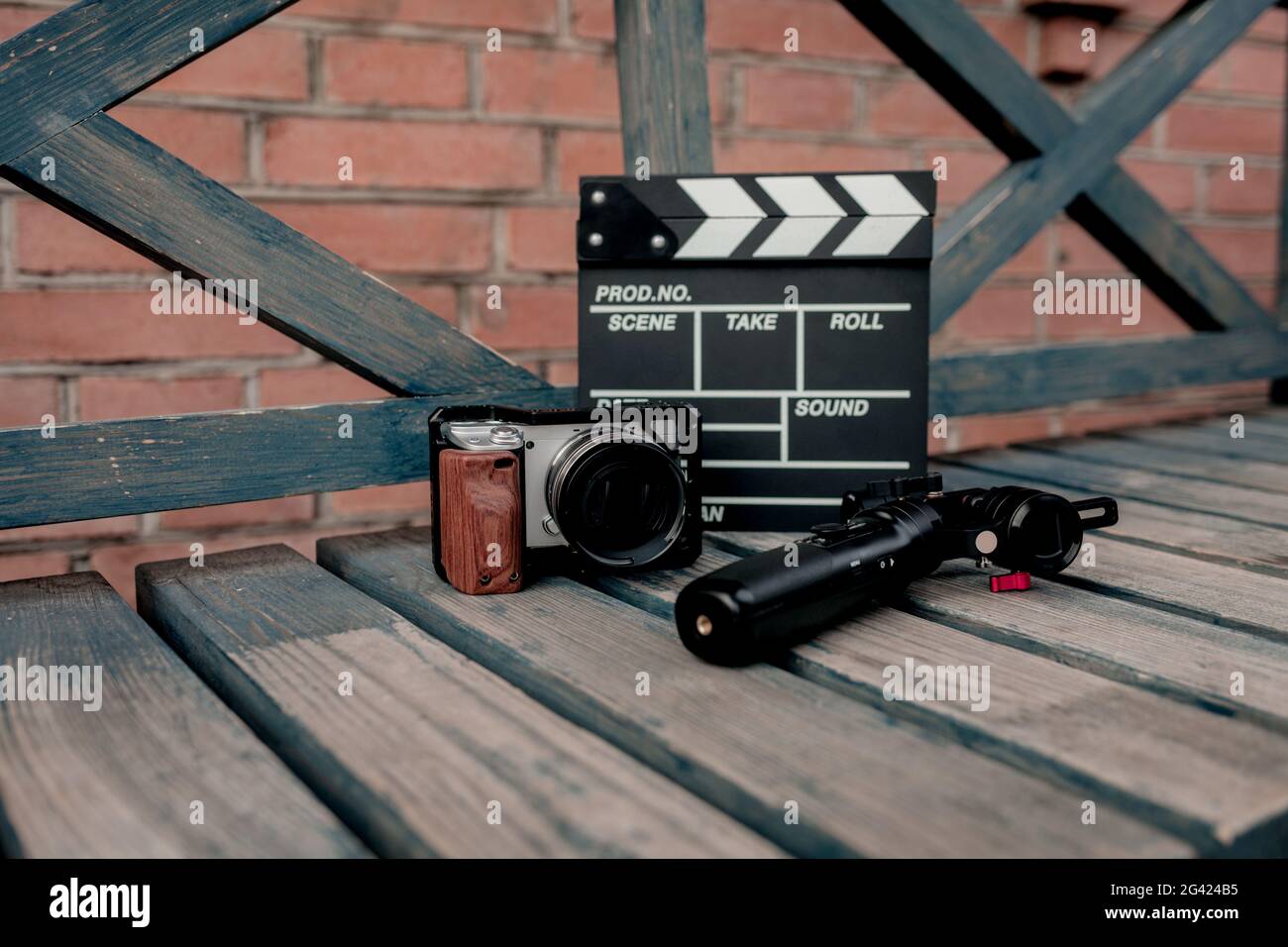 different video making equipment on wooden background Stock Photo - Alamy