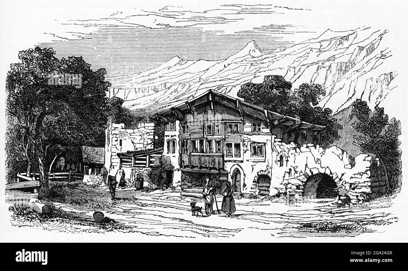 Engraving of a Swiss cottage in the 1500s Stock Photo - Alamy
