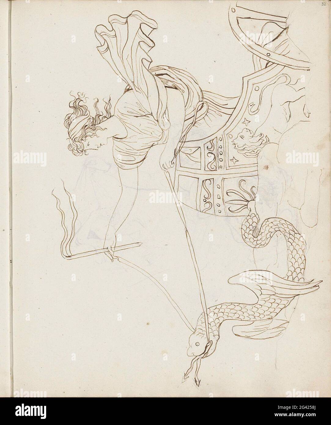 Woman drawn in a chariot by a winged snake. The woman has a whip and ...