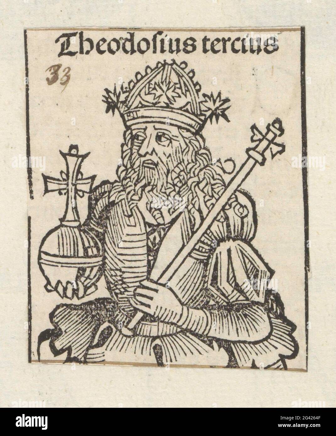 Emperor Theodosios III; Theodosius Tercius; Liber chronicarum. A flower ...