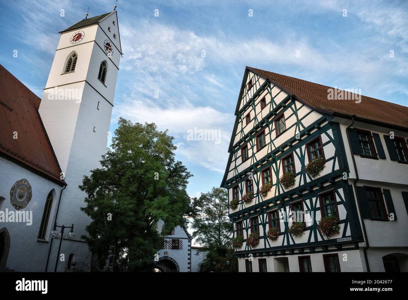 Church tower and half-timbered houses in Riedlingen, Biberach district ...