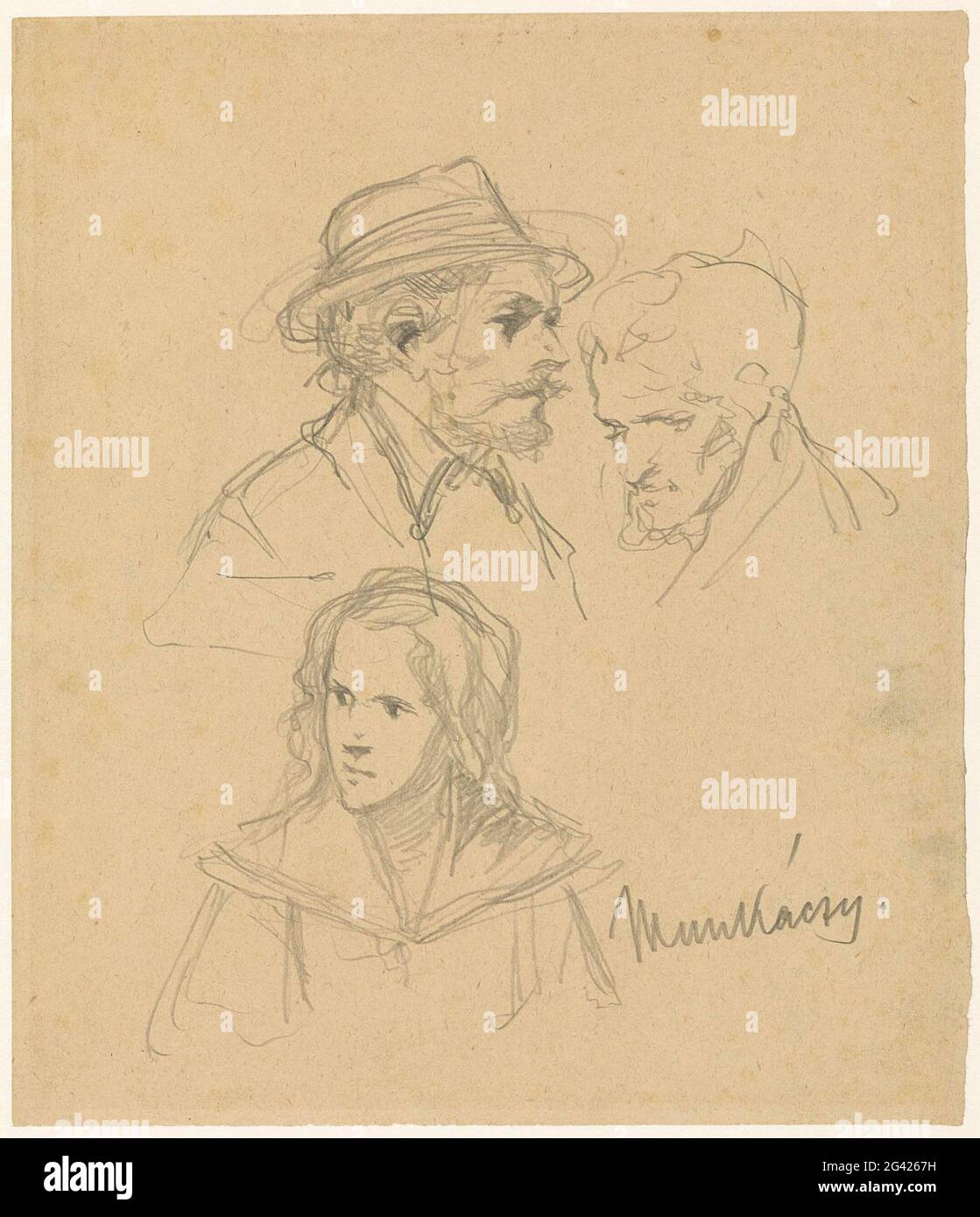 Study sheet with three heads (the man with hat is perhaps a self ...
