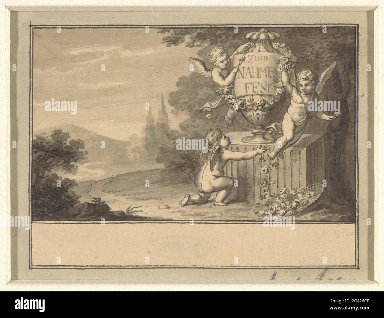 Cupid's playing a urn in a landscape. Possible design for a print Stock ...