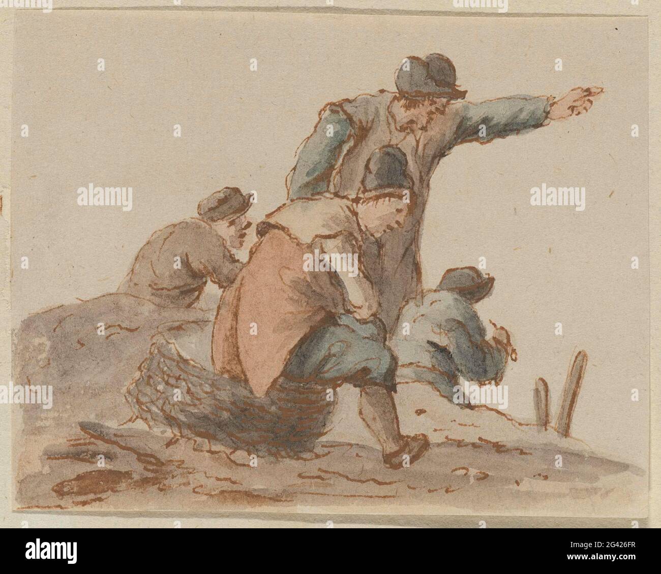 Standing pointing man amidst three sitting men Stock Photo - Alamy