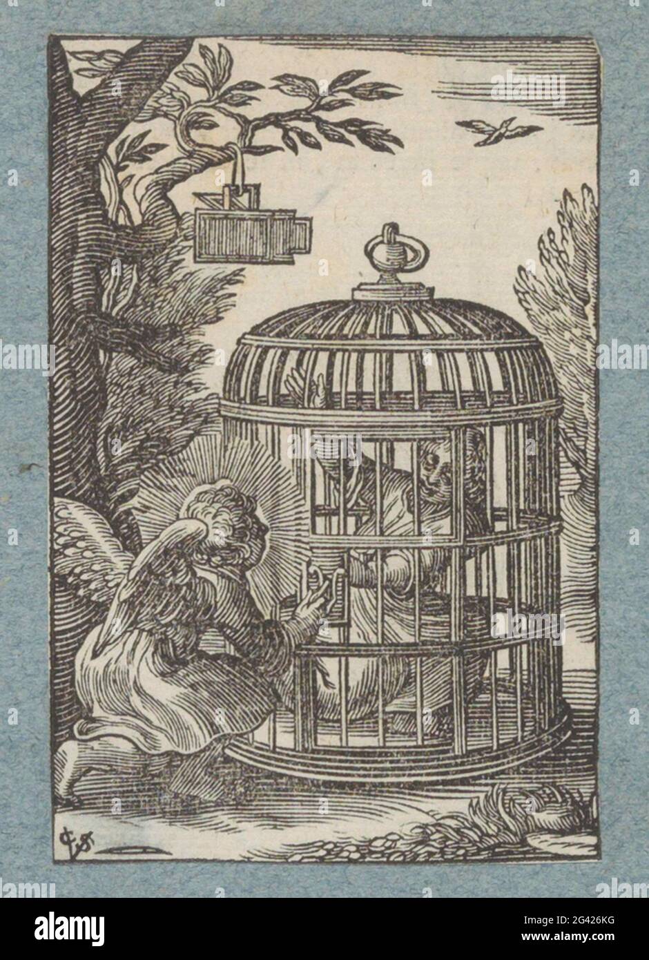 Angel frees children from captivity in cage; Pia Desideria. An angel ...