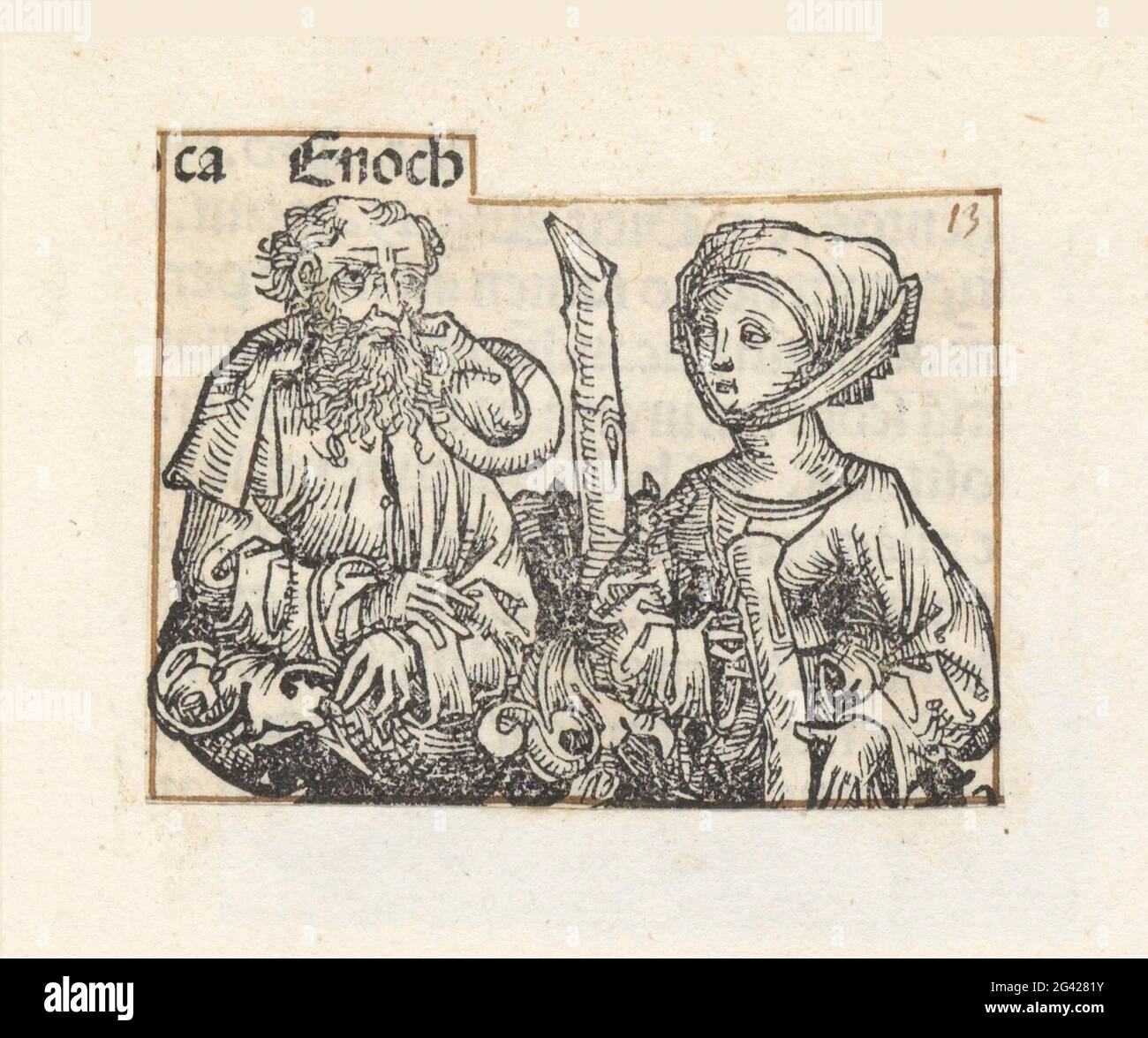 Enoch and his wife; Enoch; Liber chronicarum. A flower celk with an old ...