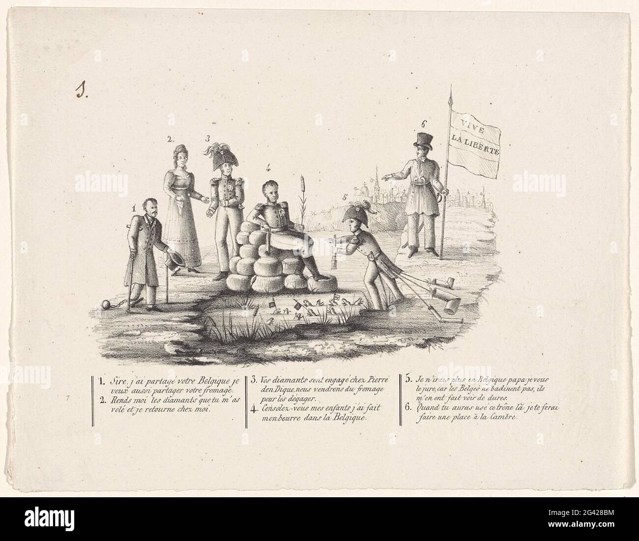 King Willem I on a throne of cheese, 1830. Cartoon on King Willem I and ...