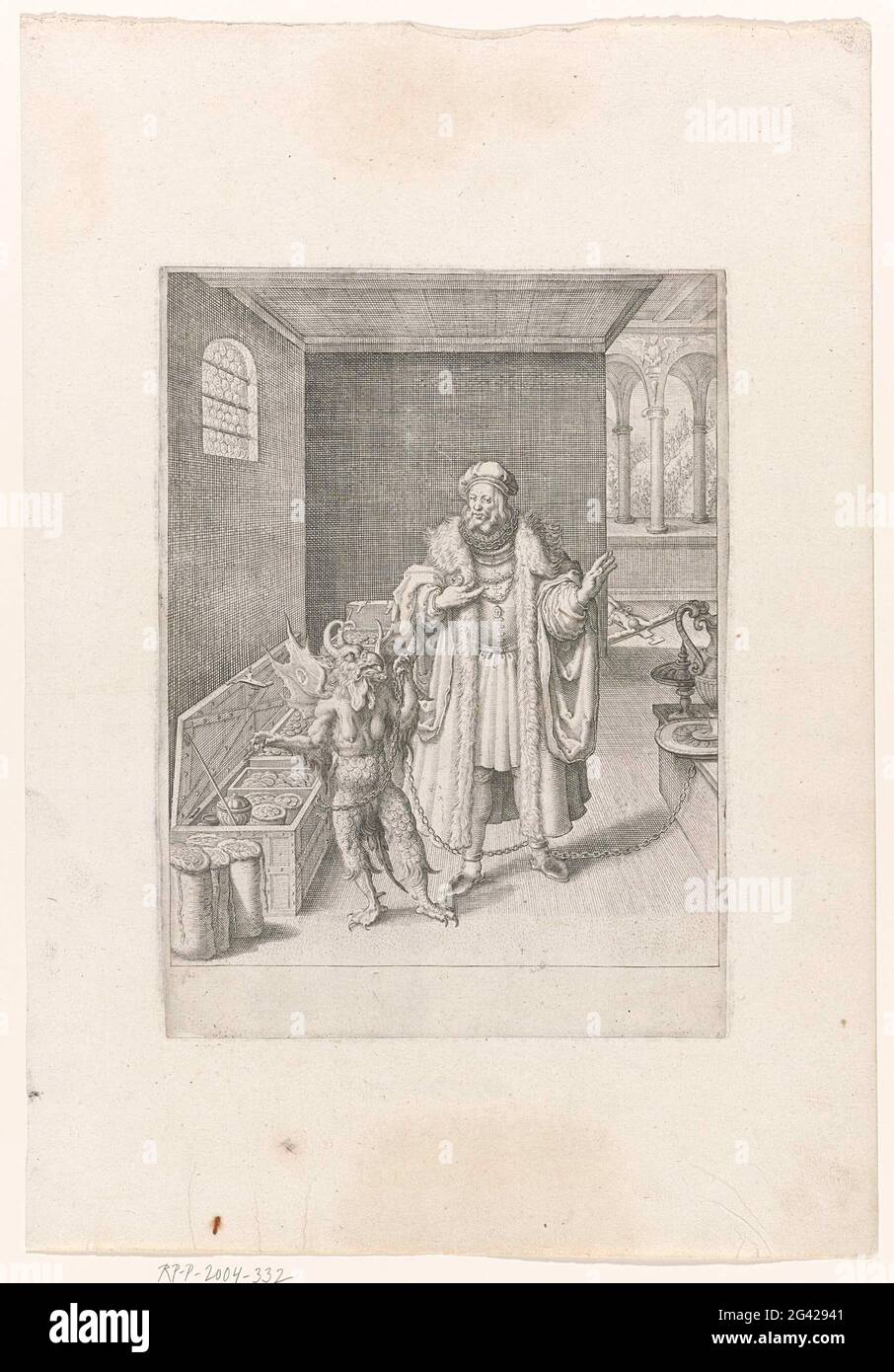Man chained between earthly treasures by the devil. Richly dressed Lord ...