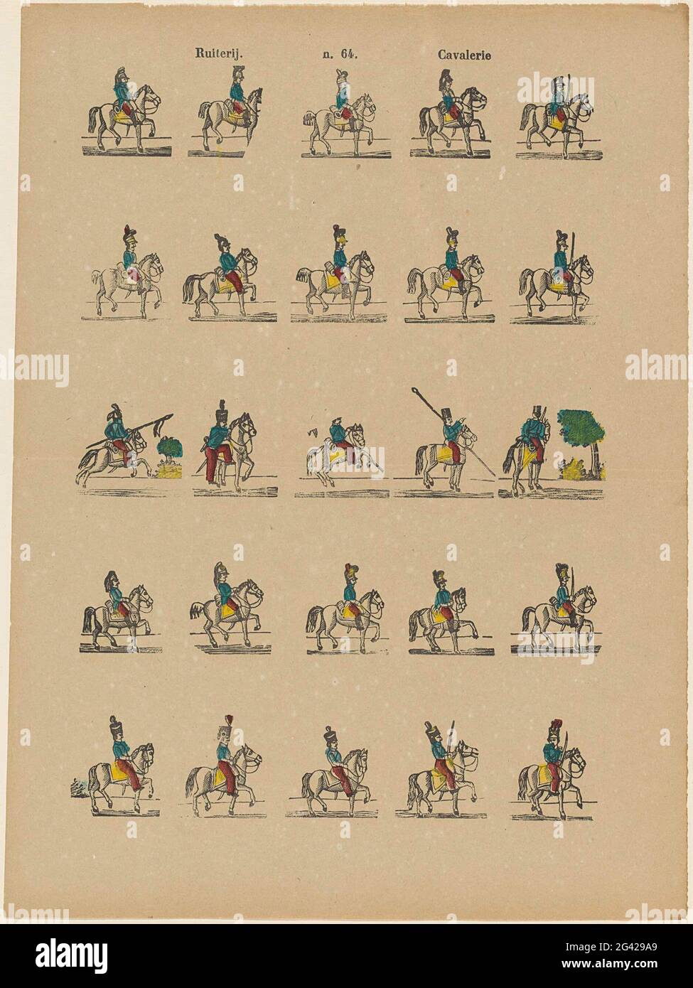 Equestrian / cavalry. Sheet with 25 representations of military horse ...
