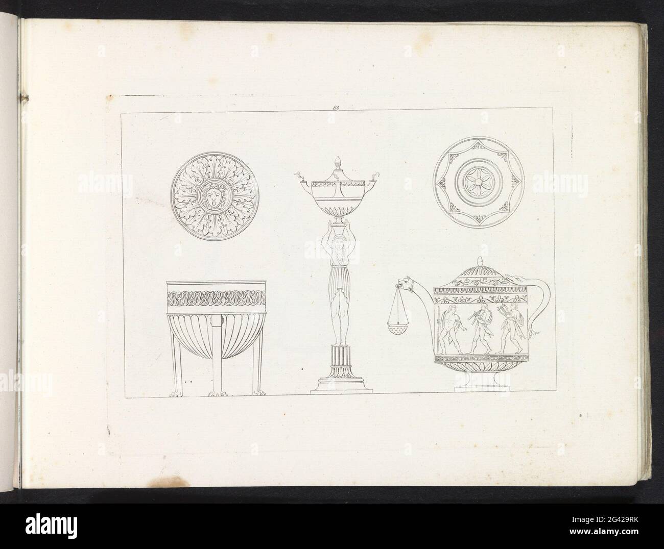 Two rosettes, a font, an oil burner and a teapot; Designs for religious ...