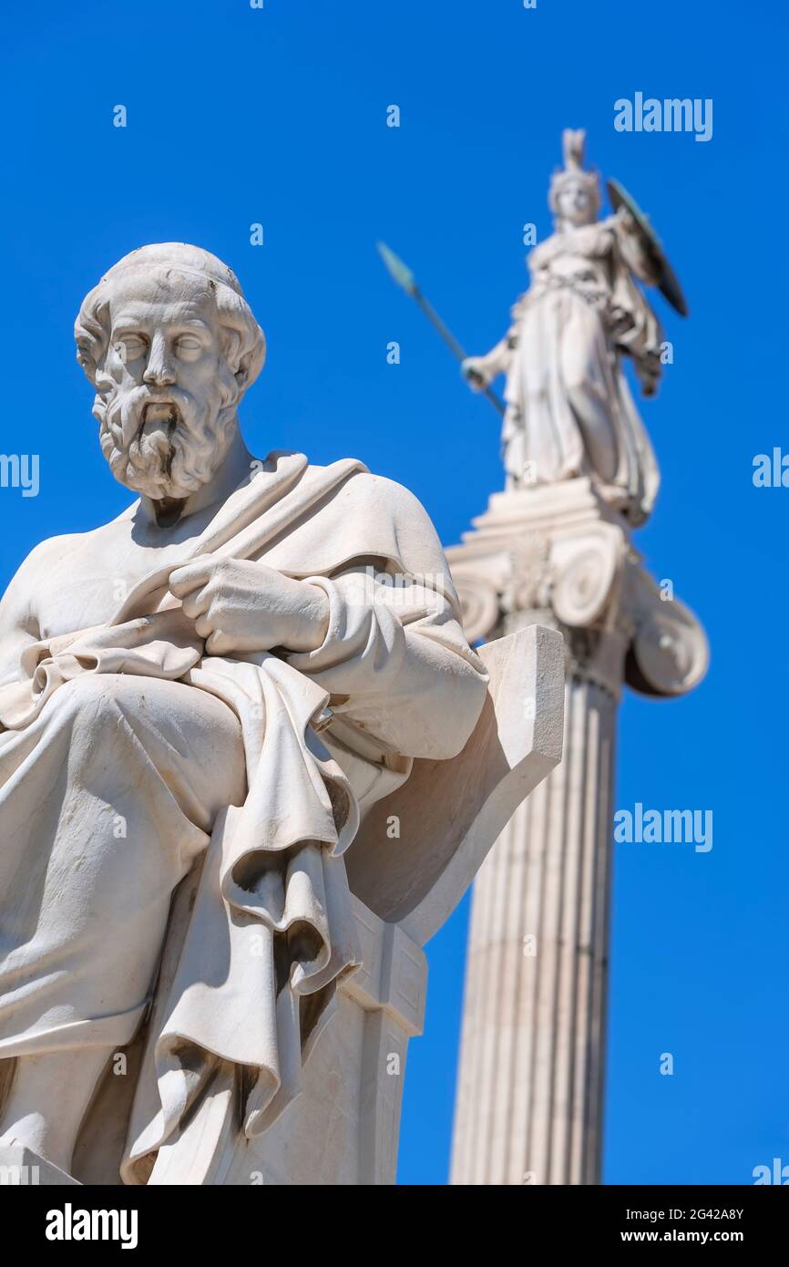 Statues of athena outside the academy of athens hi-res stock ...