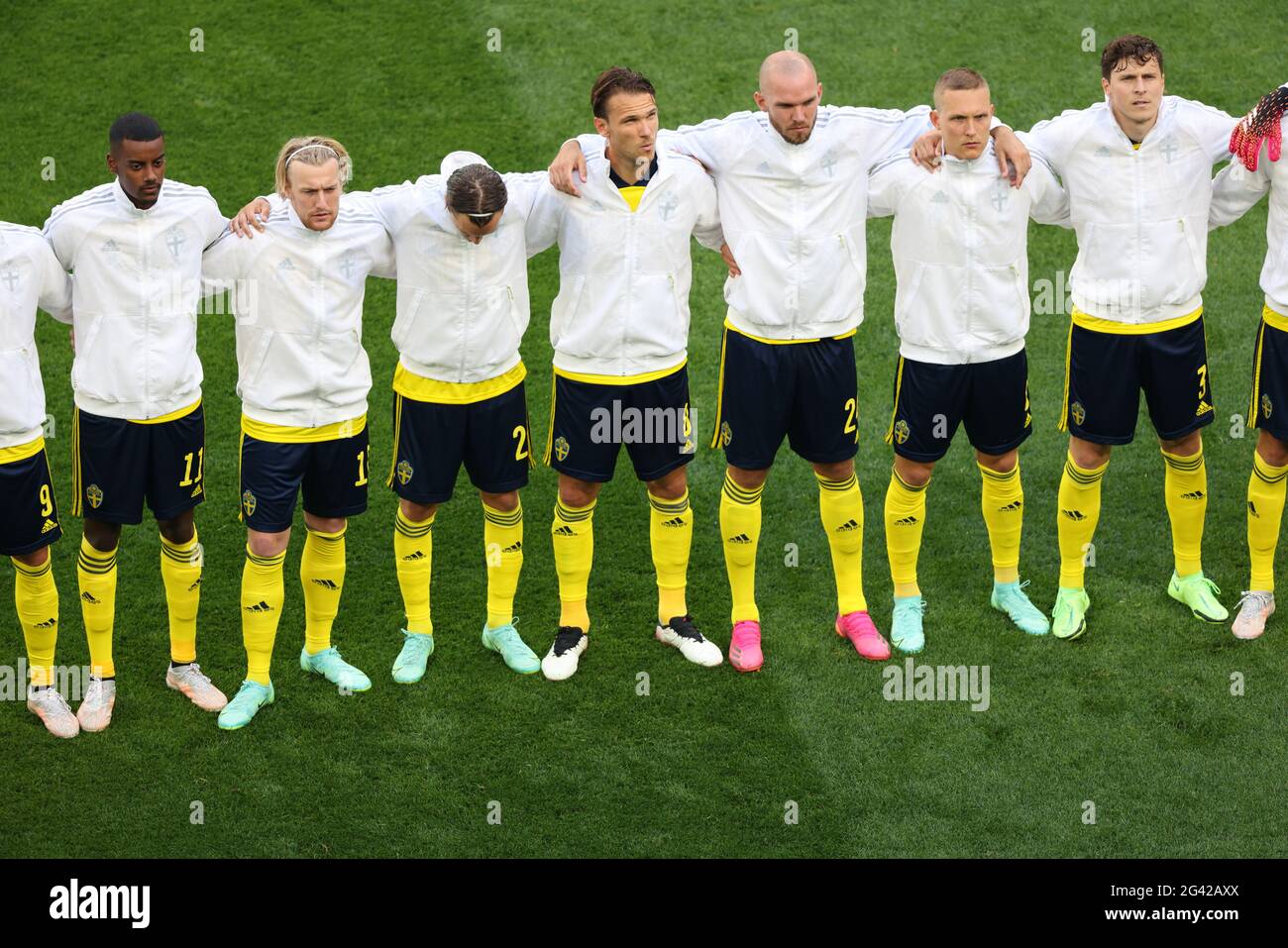 Marcus Berg (9), Mikael Lustig (2), Sebastian Larsson (7) of Sweden taking a group photo during ...