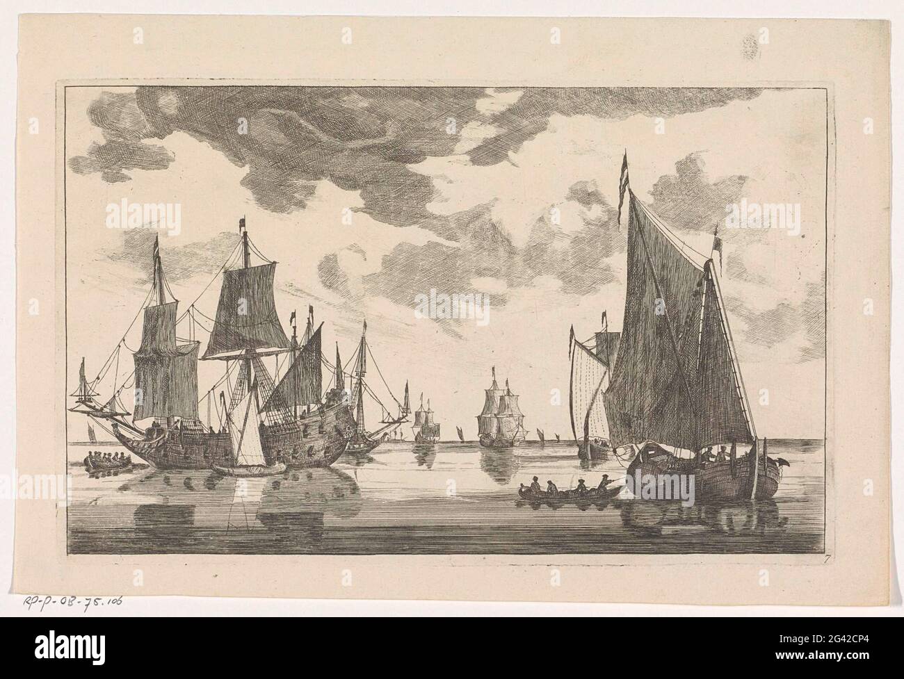 Sailing ships and sloops on calm sea; Seascapes. On the left a warship ...