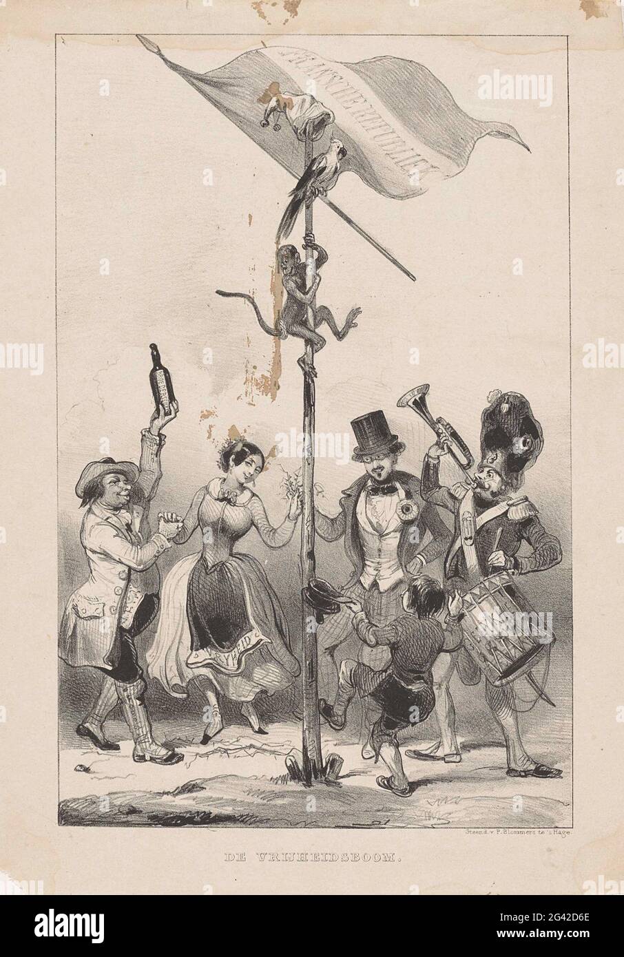 Freedom tree with monkey and cockatoo; The freedom tree. A group of ...