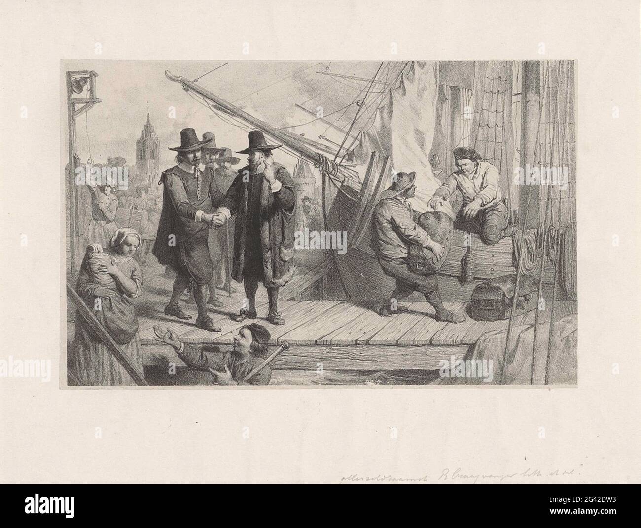 Loading a ship. There is a group of men with hats on a jetty. Two of ...