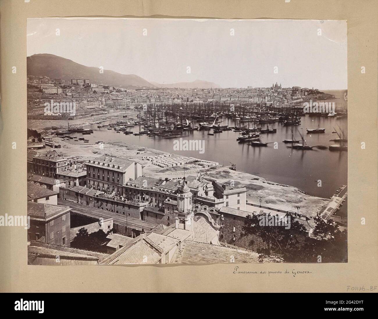 Panorama photo of buildings and ships in the port of Genoa; Panorama ...