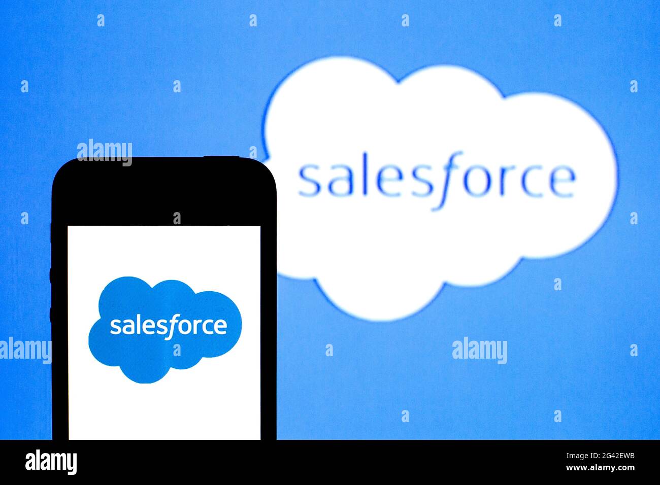 Spain. 18th June, 2021. In this photo illustration a Salesforce logo ...