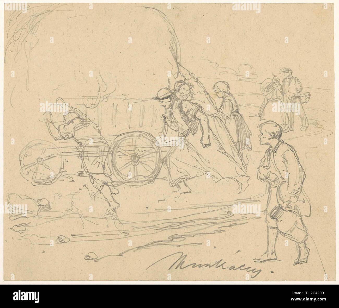 Hungarian landmen push a hay wagon Stock Photo - Alamy