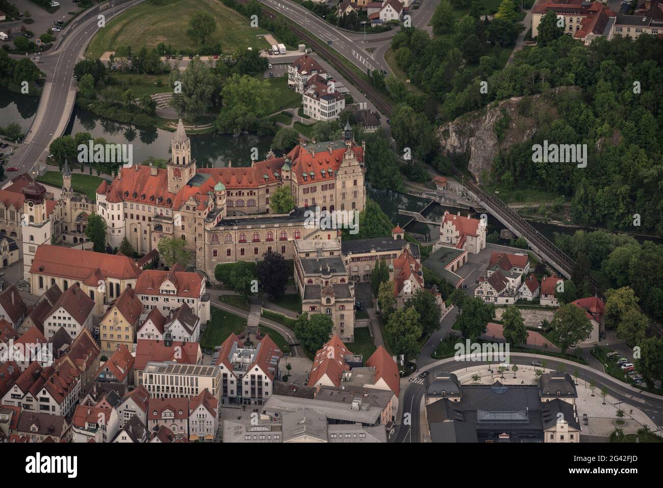Aerial view from the castle in Sigmaringen, Baden-Wuerttemberg, Danube ...