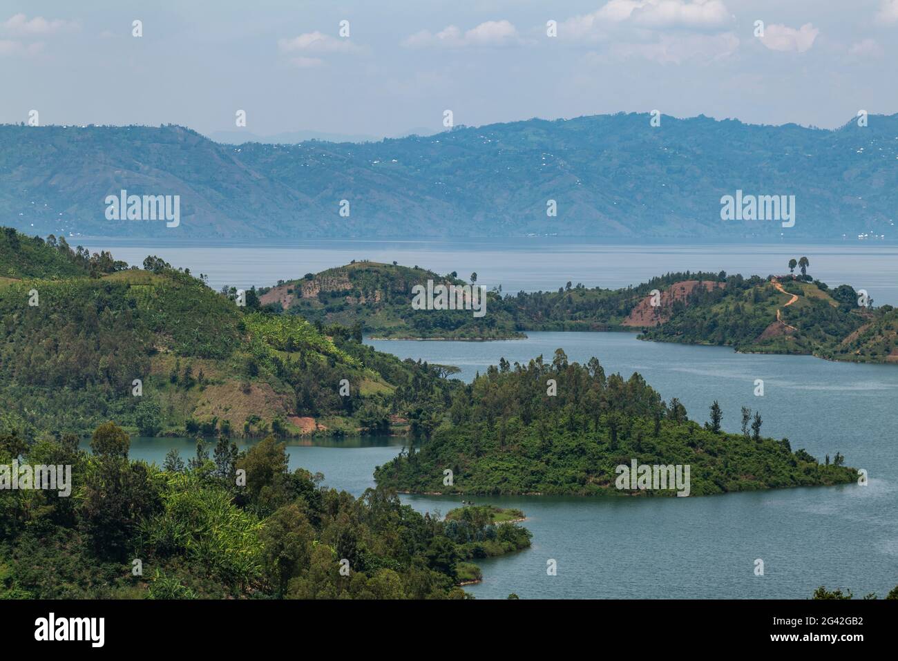 View over bay and peninsula at Lake Kivu, near Gitesi, Western Province ...