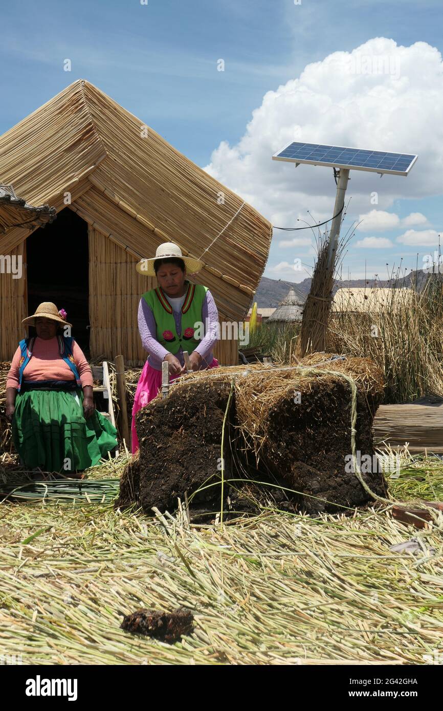 Locals showing how to make a reed island in Lake Titicaca Peru Stock ...