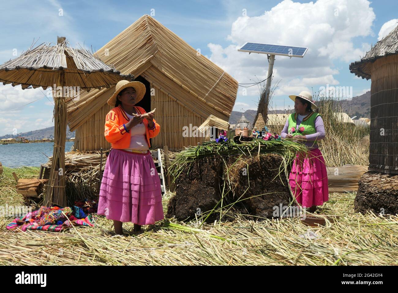 Locals showing how to make a reed island in Lake Titicaca Peru Stock ...