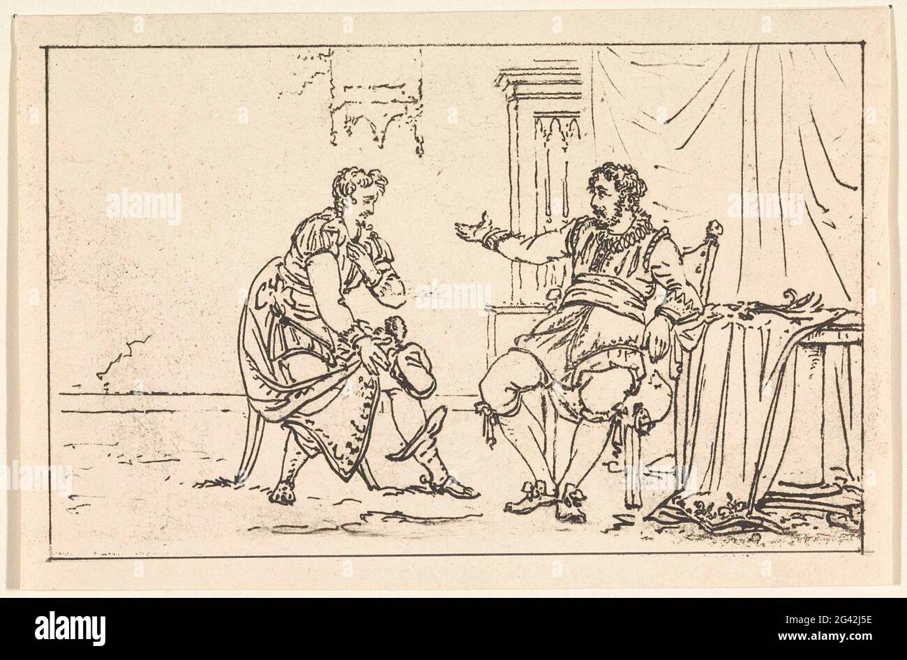 Two noblemen in conversation. Two men face each other on chairs. The ...