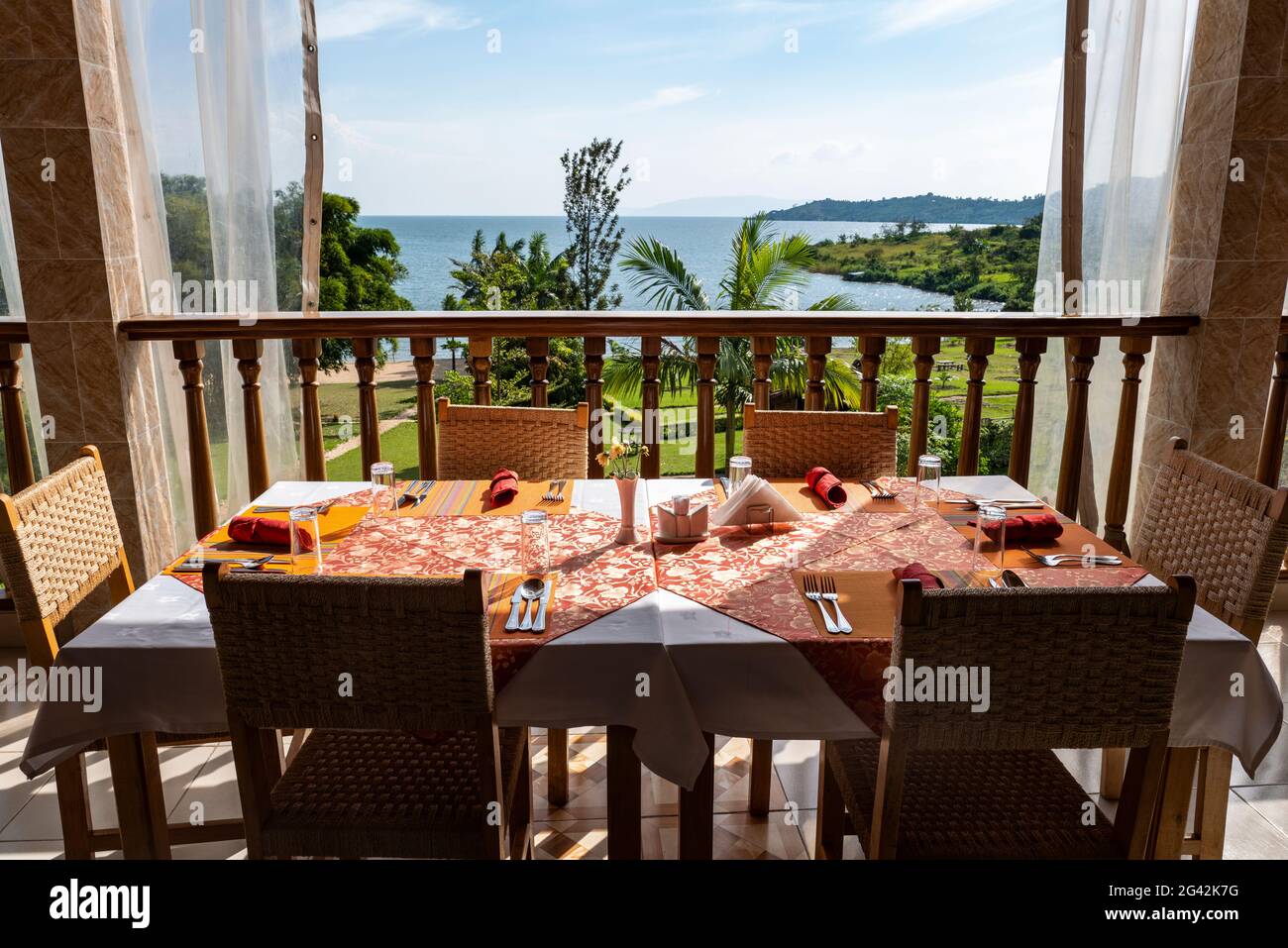 Table setting in the restaurant of the Rushel Lodge on the banks of ...