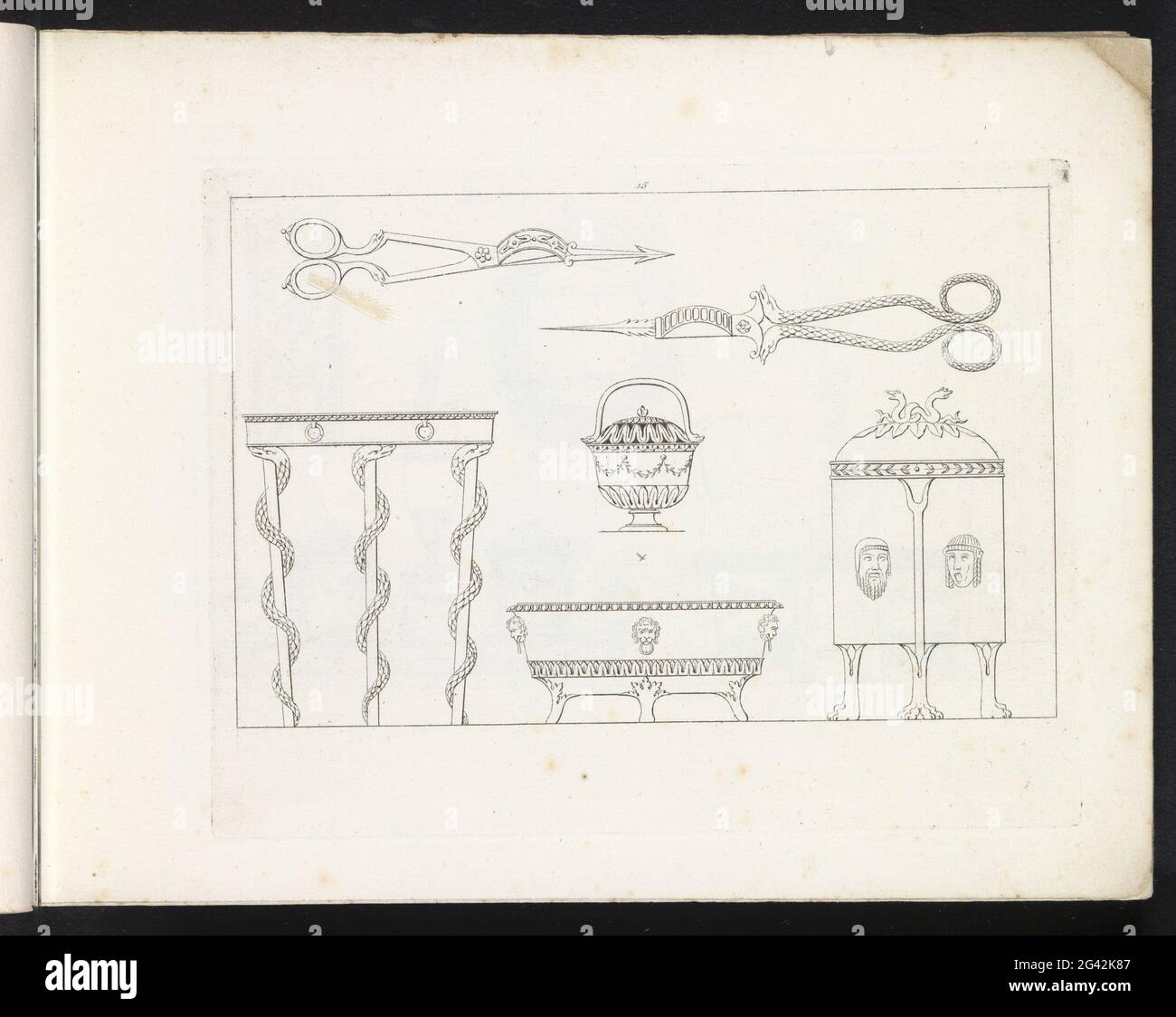 Two scissors, a side table, two urns and a bowl; Designs for religious ...