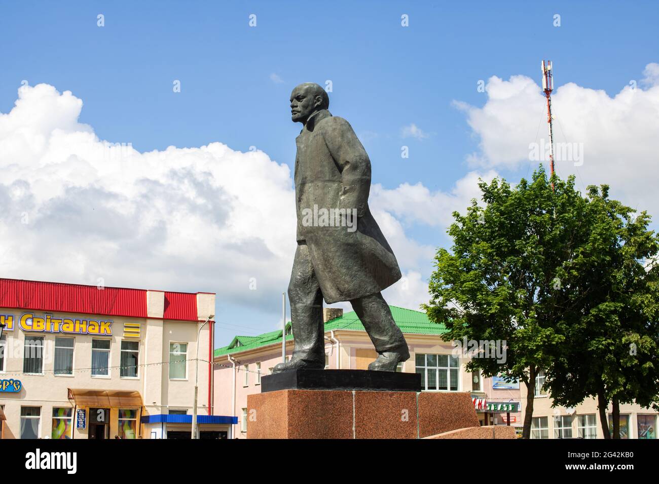 BELARUS, POSTAVY - 09 JUNE, 2021: Monument to Lenin against the blue ...