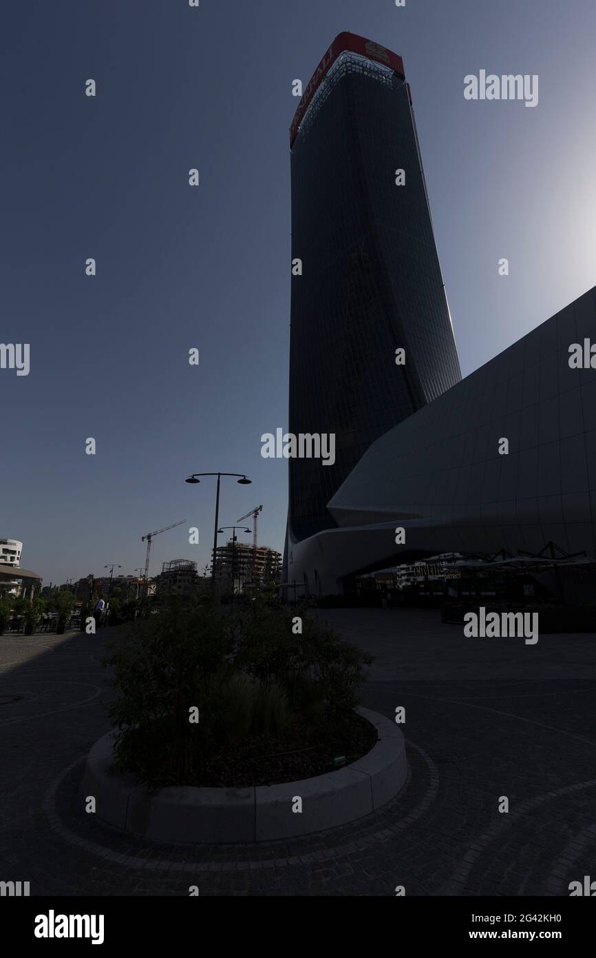 Milano, Italy - June 18, 2021: street view of Piazza Tre Torri in Milan ...