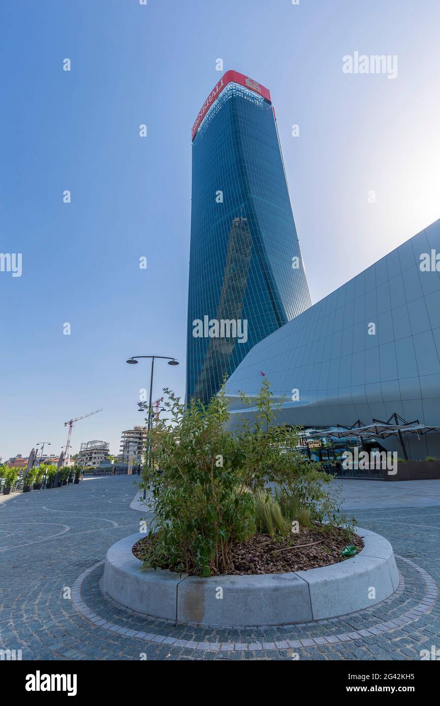 Milano, Italy - June 18, 2021: street view of Piazza Tre Torri in Milan ...