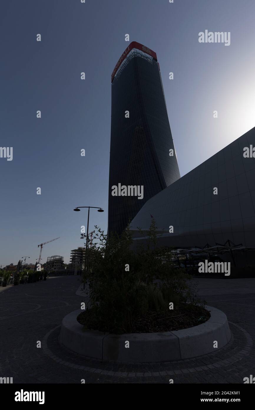 Milano, Italy - June 18, 2021: street view of Piazza Tre Torri in Milan ...