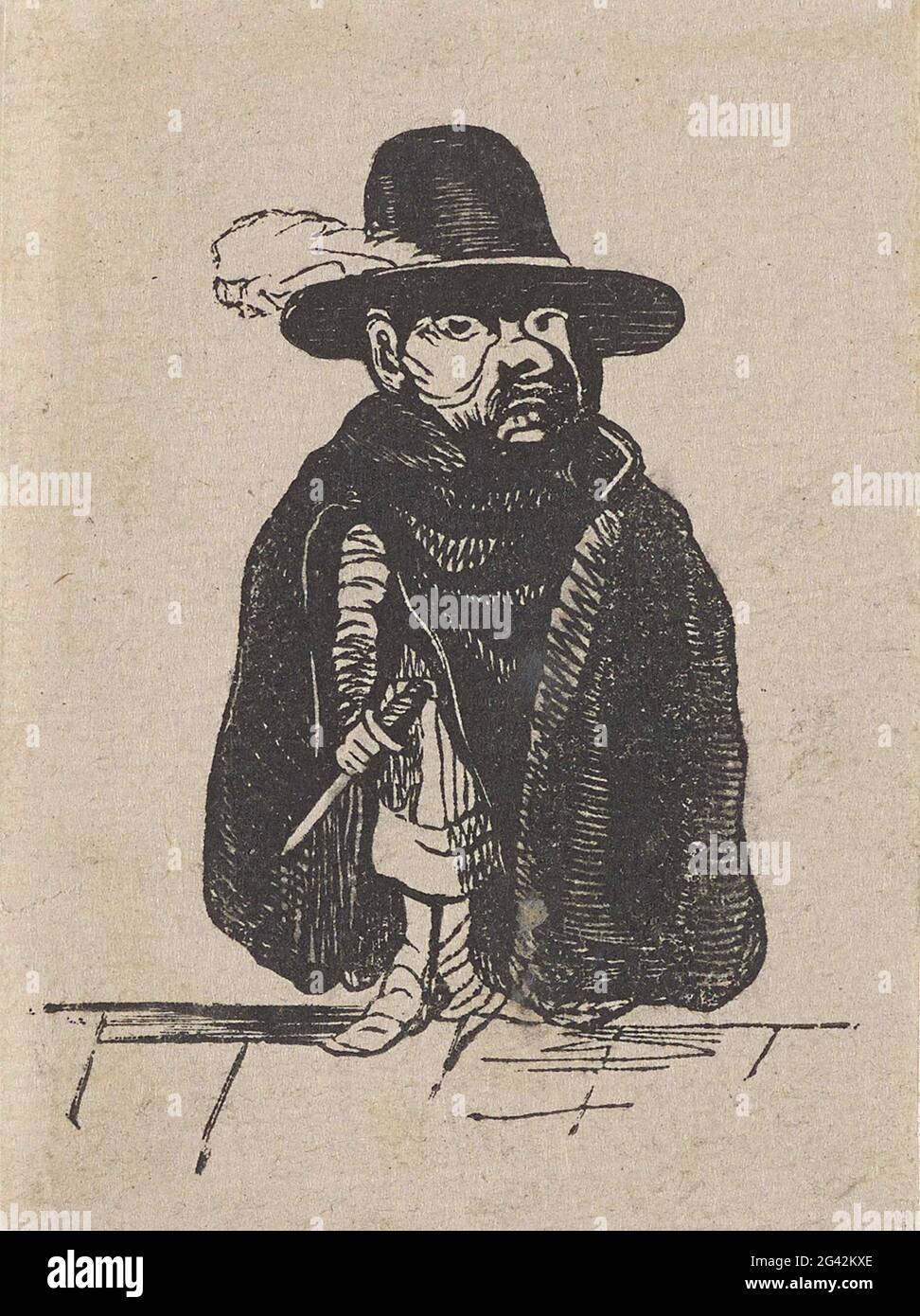Caricature of a man with a hat, a cape and a dagger Stock Photo - Alamy