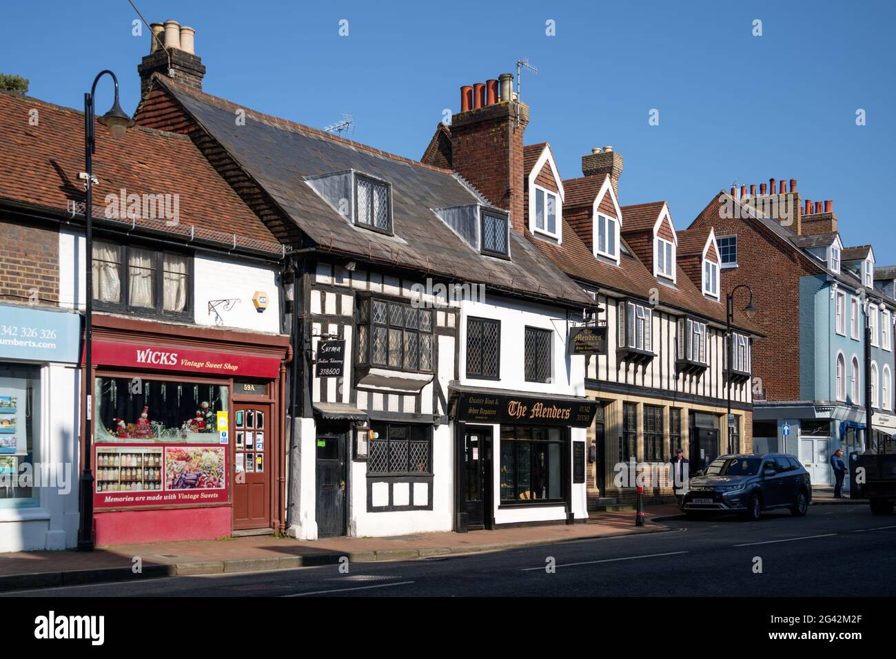 EAST GRINSTEAD, WEST SUSSEX, UK - MARCH 1: View of shops in the High ...