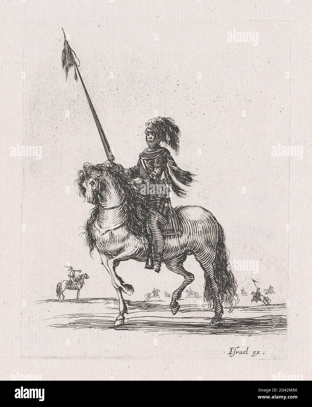 Rider with lance on horseback in a landscape with more riders on ...