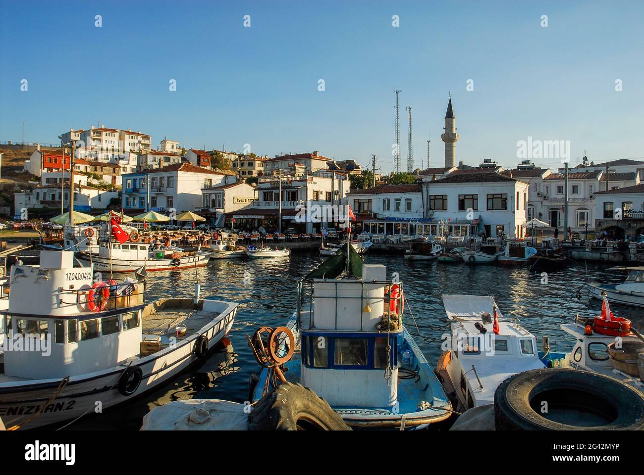 Bozcaada/Turkey - 23/08/2007 : Fishing boats in the marina harbor of on ...