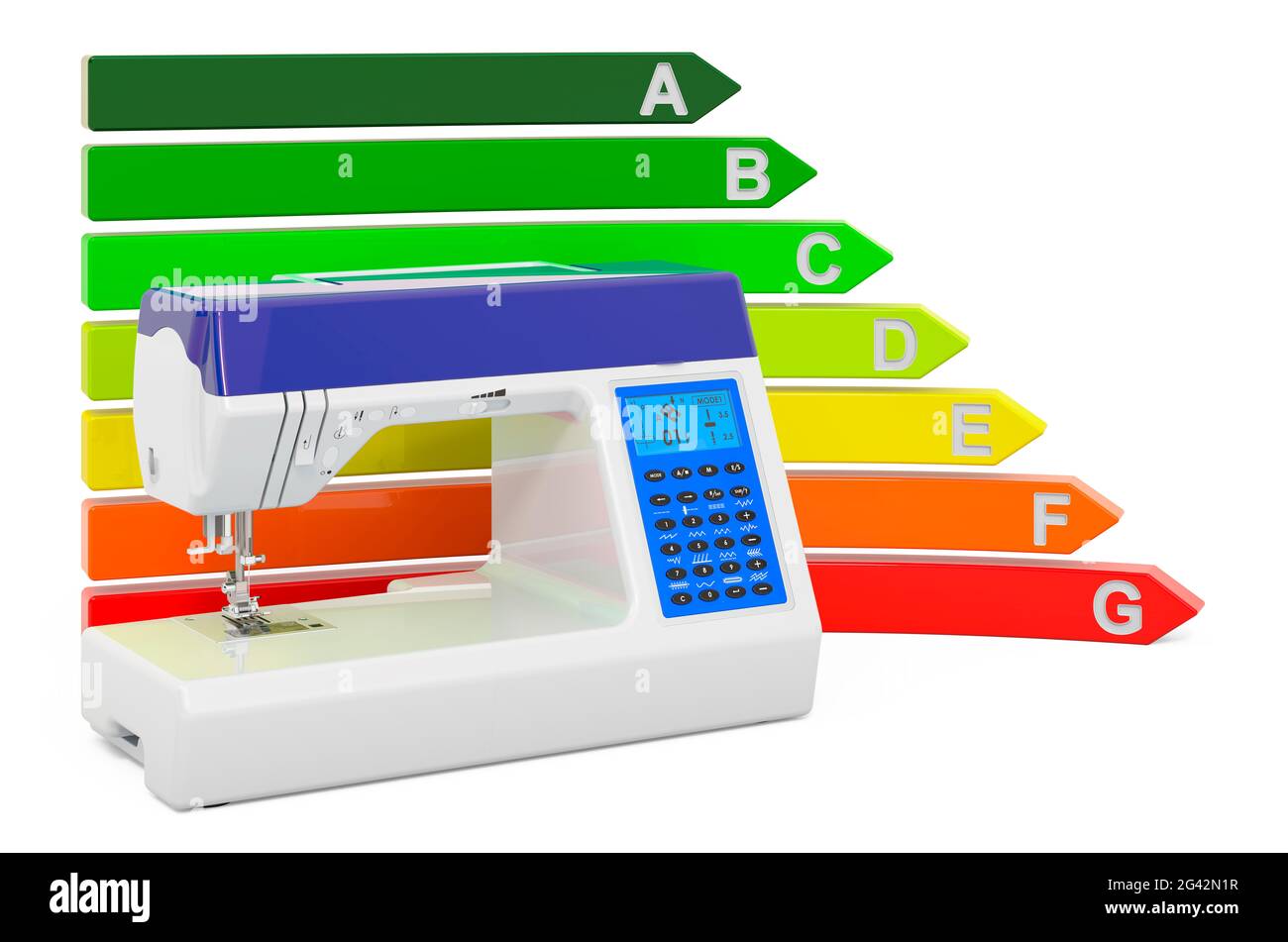 Electronic sewing machine with energy efficiency chart, 3D rendering ...