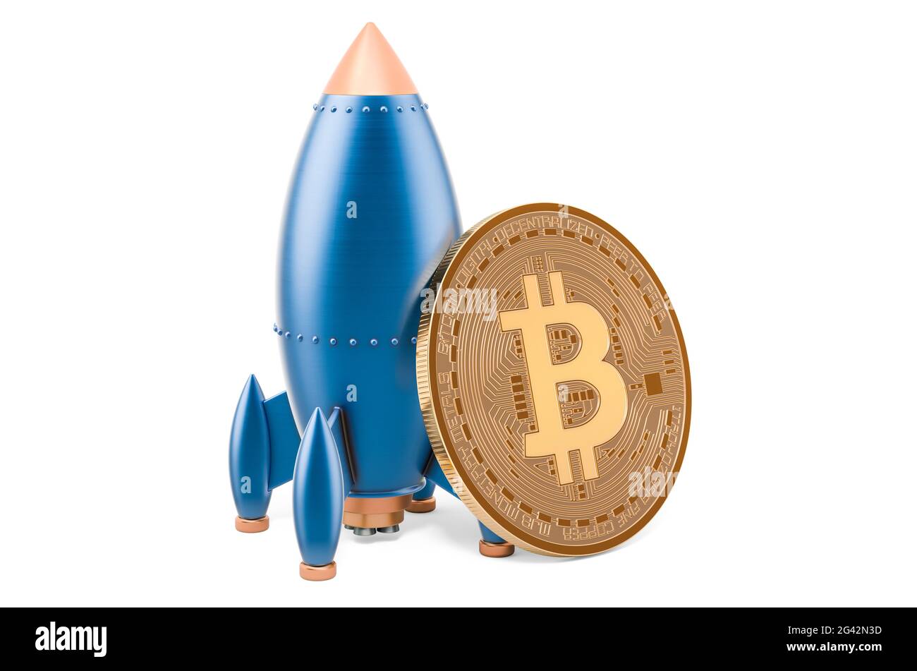 Rocket with bitcoin flying to the moon, 3D rendering isolated on white ...