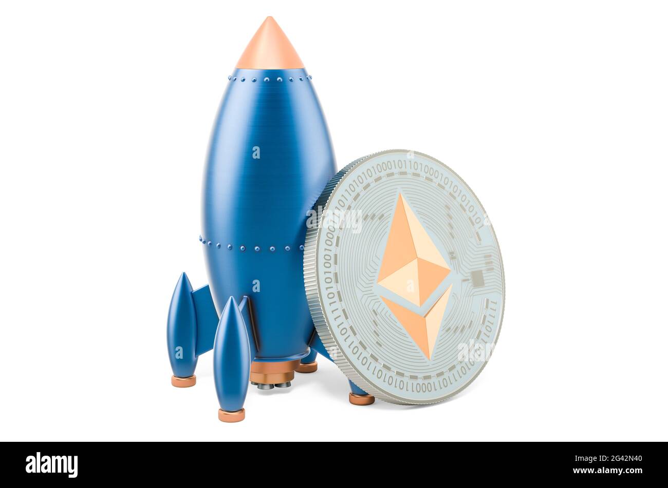 Rocket with ethereum flying to the moon, 3D rendering isolated on white ...