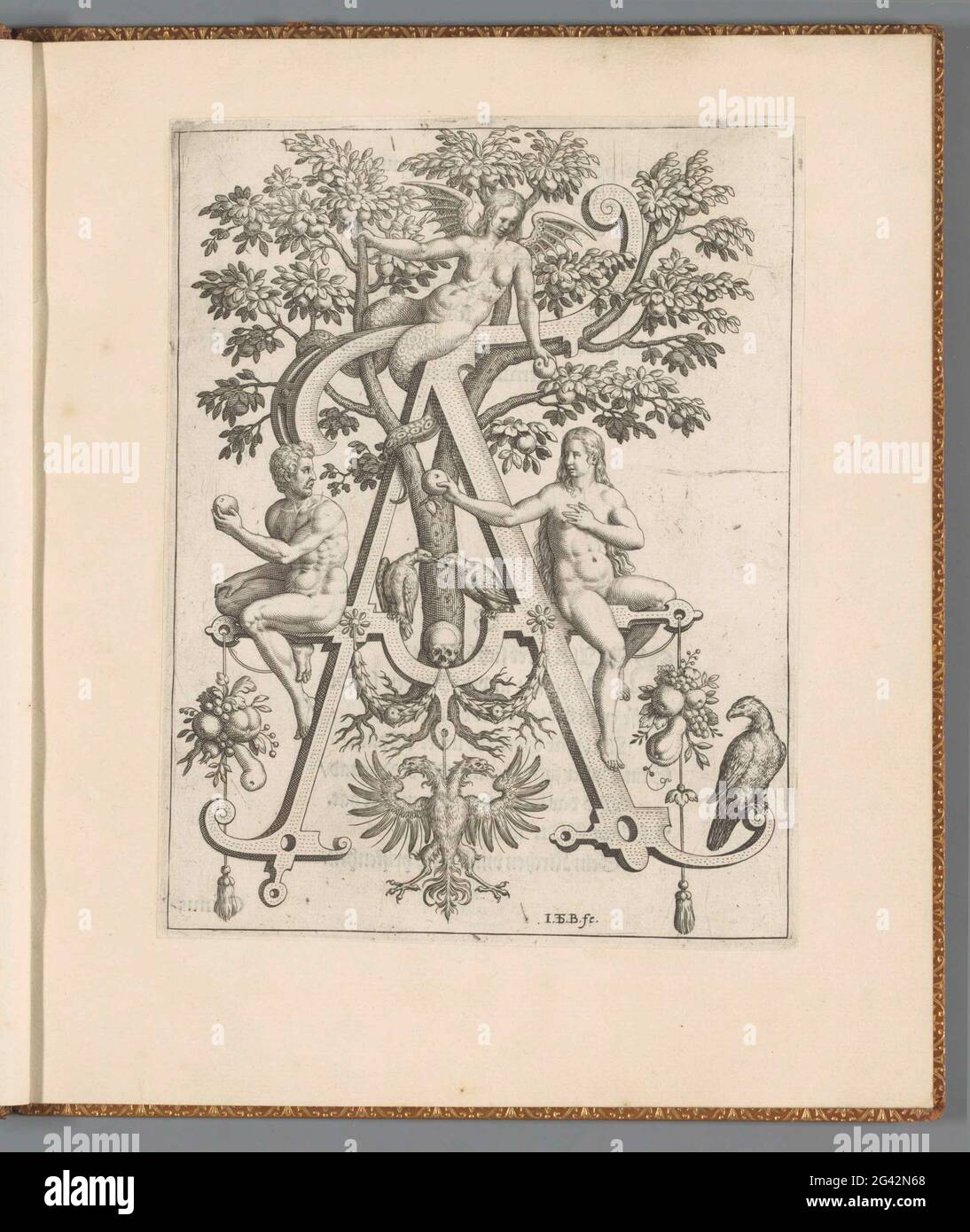 Letter a with Adam and Eve; Ornamental alphabet; Nova alphati effictio ...